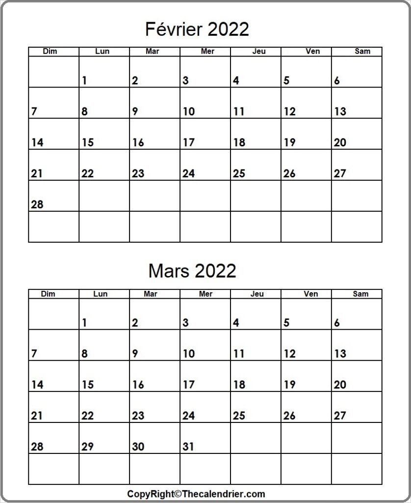Février Mars 2022 Calendrier PDF - The Calendrier