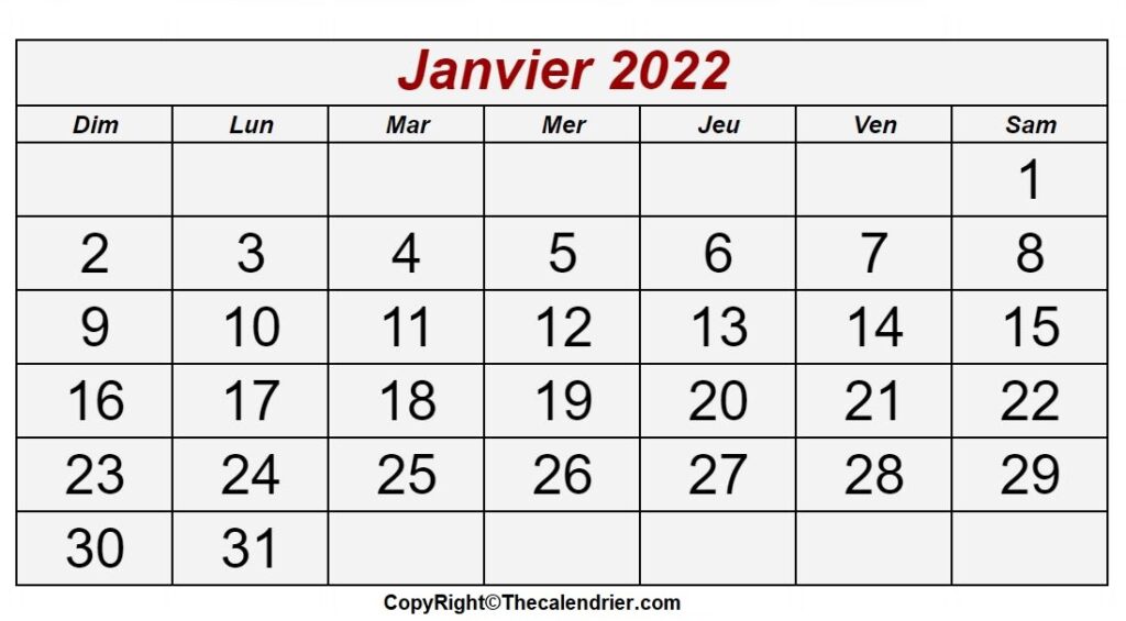 Gratuit Janvier 2022 Calendrier Imprimable (PDF, Word,Excel)