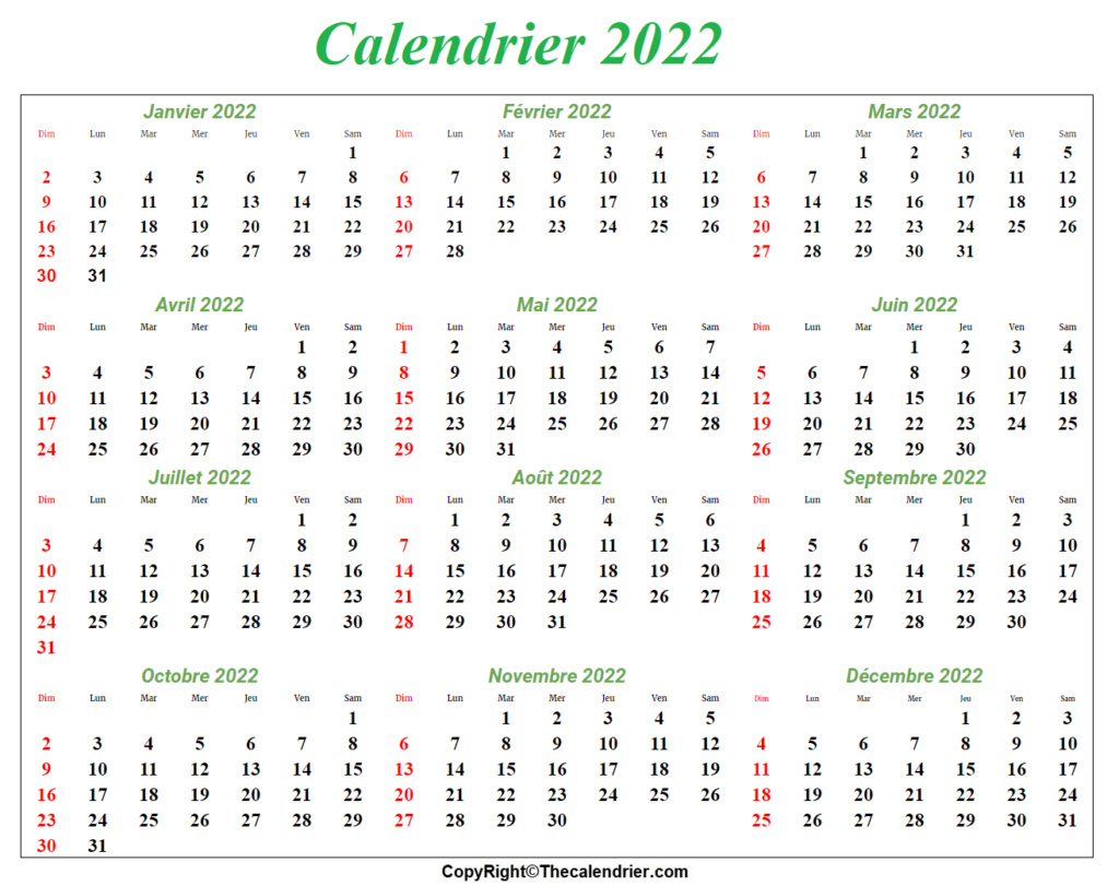Calendrier 2022 Imprimable Modèle Gratuit PDF & Mot