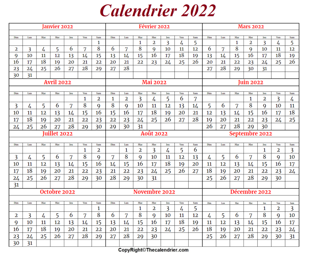 Calendrier 2022 Imprimable - The Calendrier