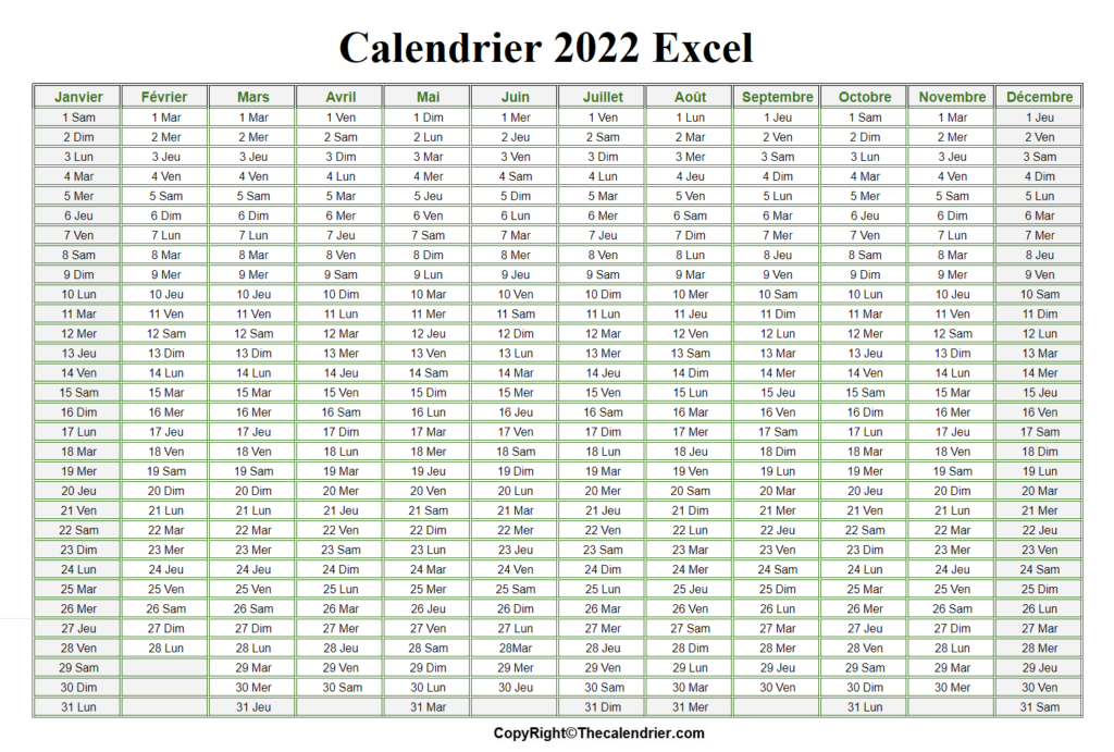 Imprimable Modifiable Calendrier 2022 Excel Modèle Gratuit