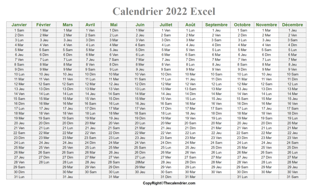 Calendrier Excel 2022 - The Calendrier