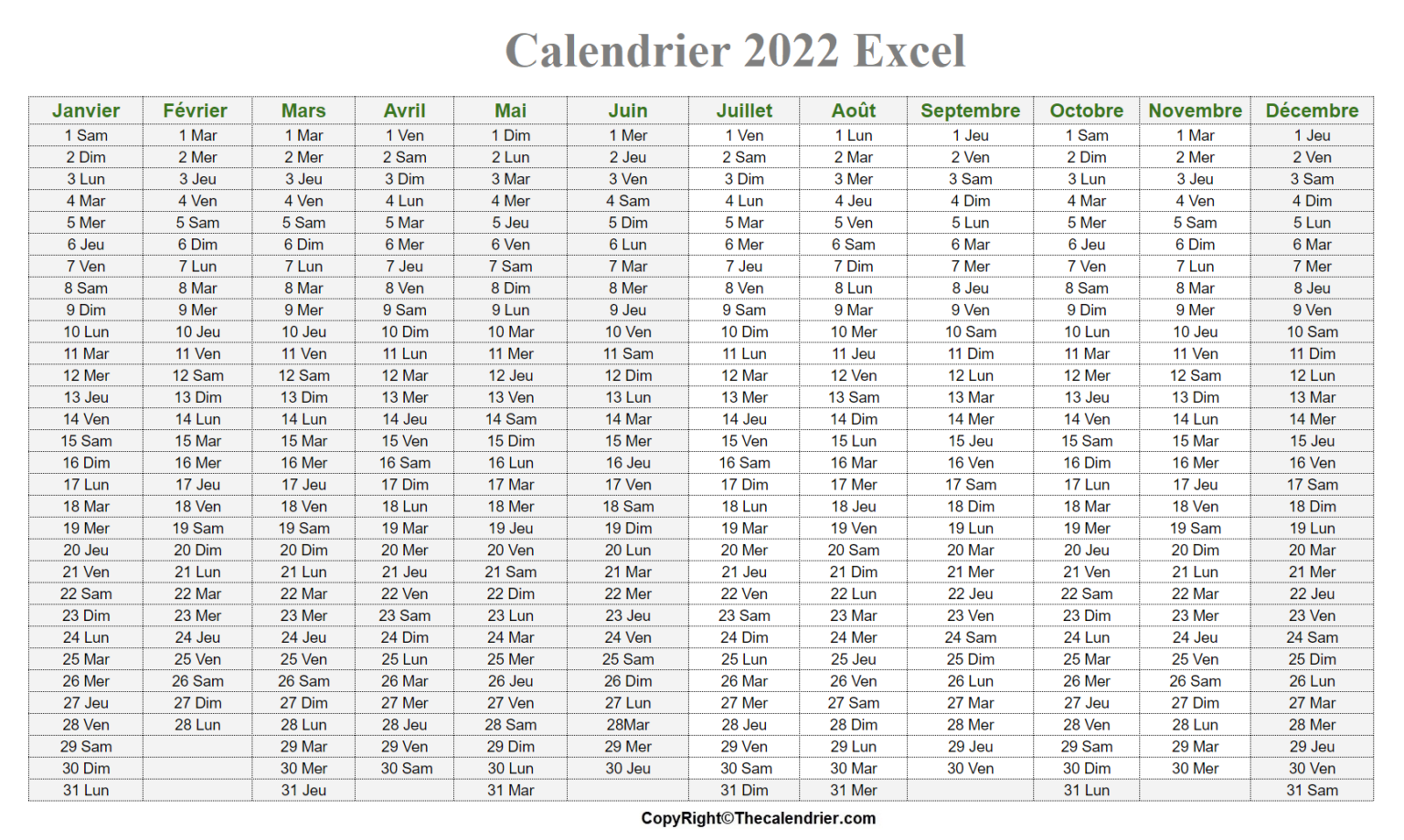Calendrier Excel 2022 - The Calendrier