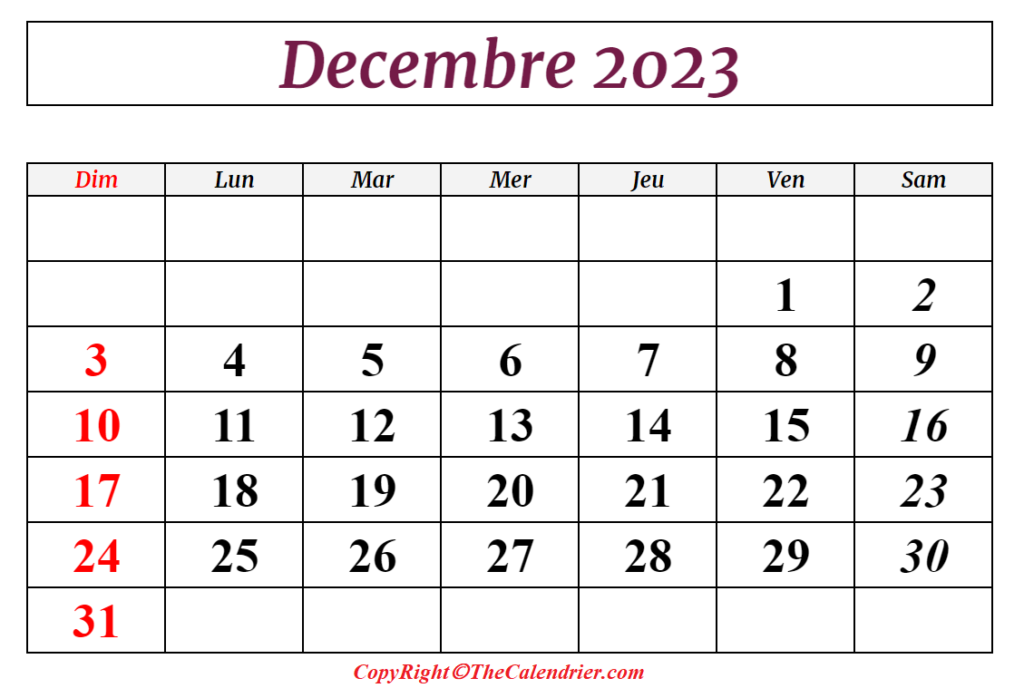 Calendrier Décembre 2023 à Imprimable - The Calendrier