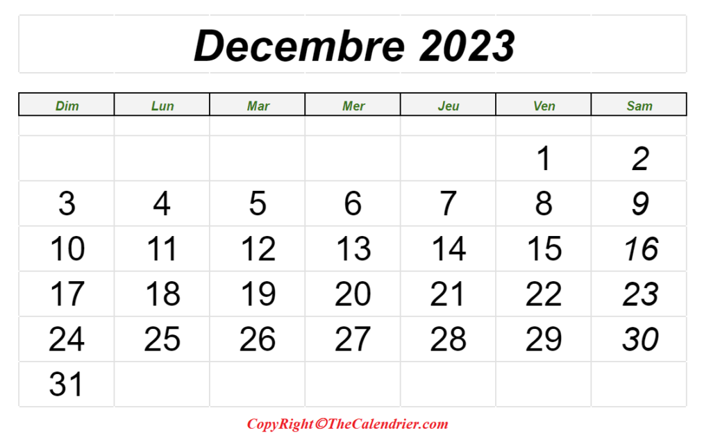 Calendrier Imprimable de Décembre 2023 - The Calendrier