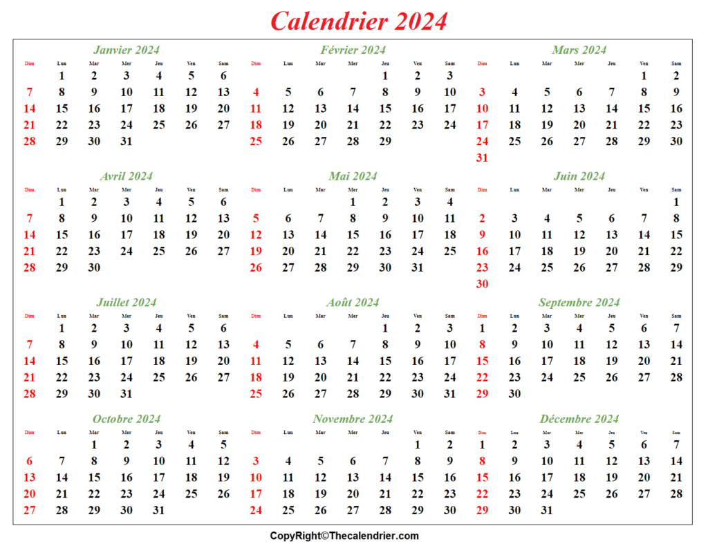 Imprimable Calendrier 2024 - The Calendrier