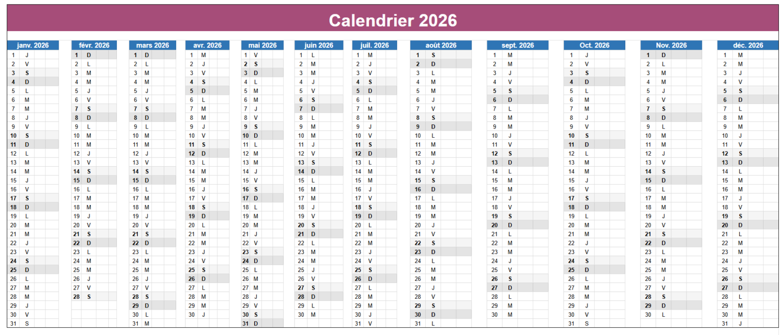 Calendrier Excel 2026 - The Calendrier