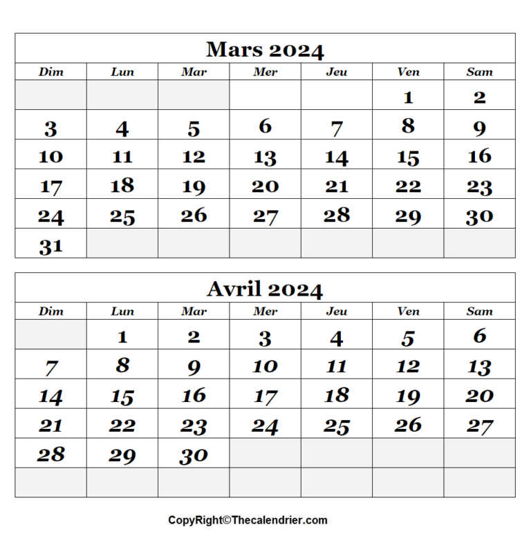 Calendrier Mars Avril 2024 à imprimer - The Calendrier