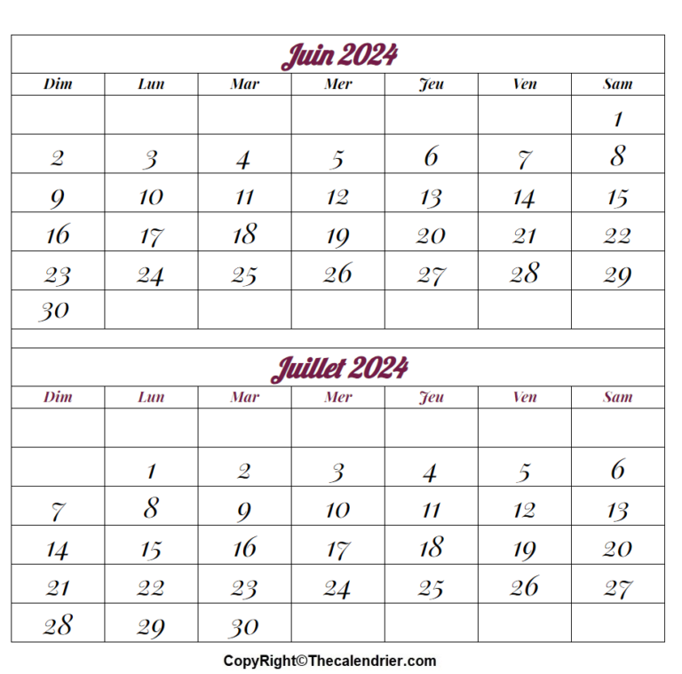 Calendrier Mois Juin Juillet 2024 a Imprimer - The Calendrier