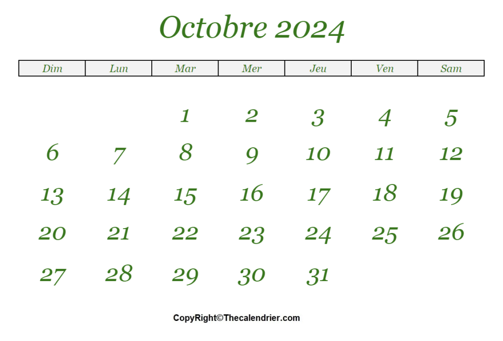 Calendrier Imprimable de Octobre 2024 - The Calendrier