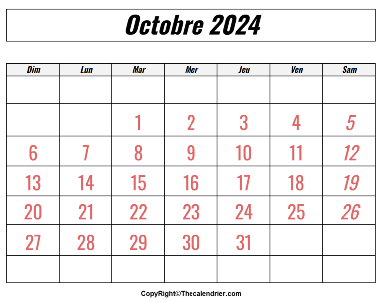 Calendrier Octobre 2024 à Imprimable - The Calendrier