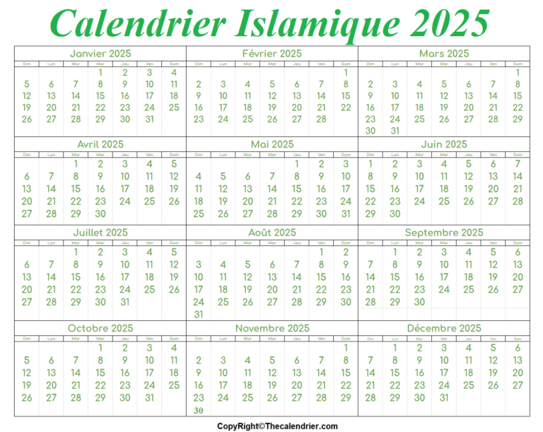 Imprimer Calendrier Musulman 2025 Gratuit Et PDF