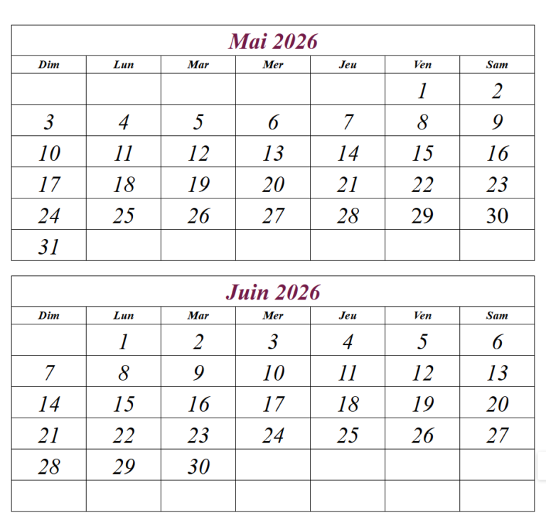 Calendrier Mai juin 2026 à imprimer - The Calendrier