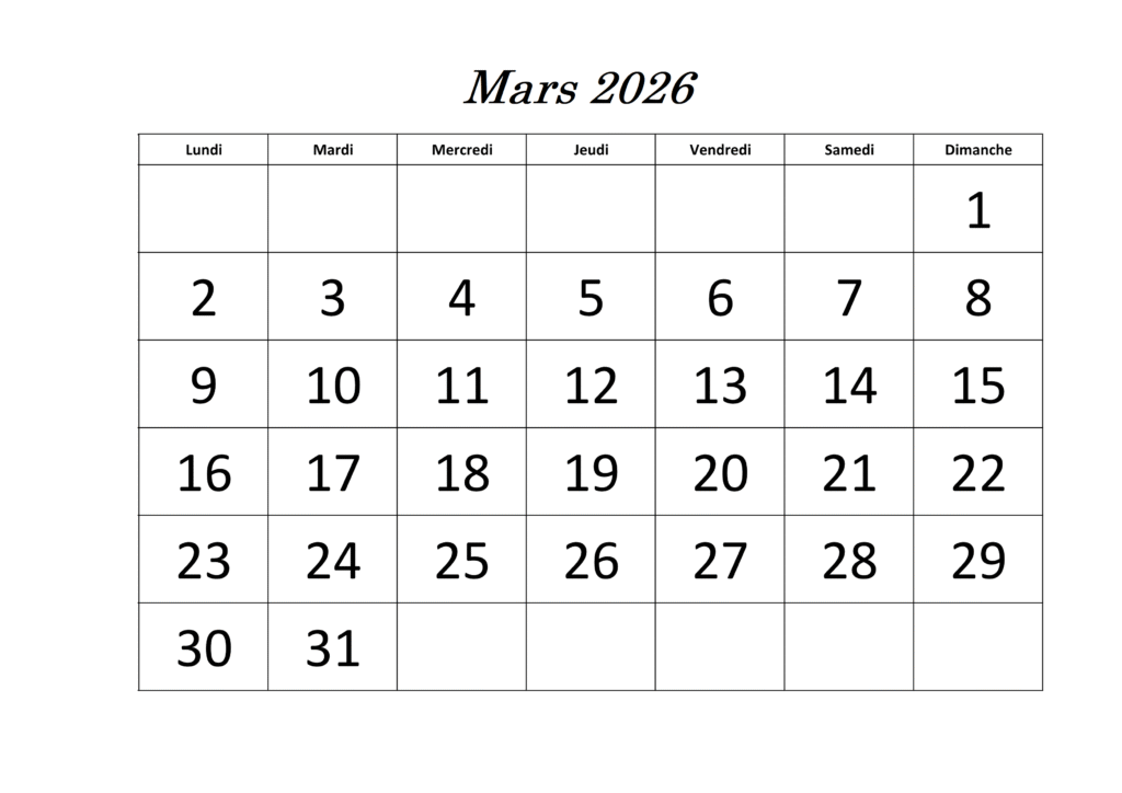 Calendrier Mars 2026 à Imprimable - The Calendrier