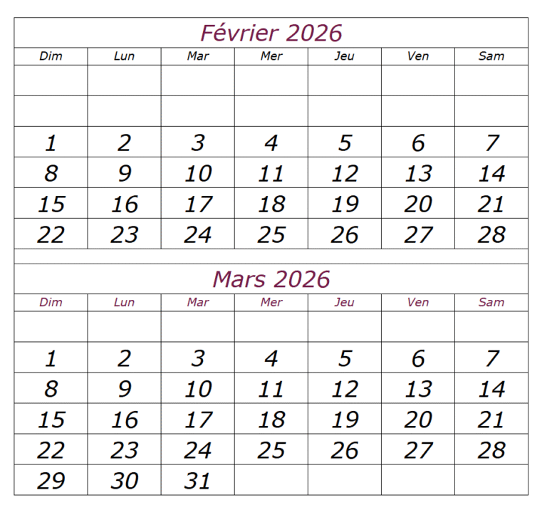Calendrier Mois Février Mars 2026 a Imprimer - The Calendrier