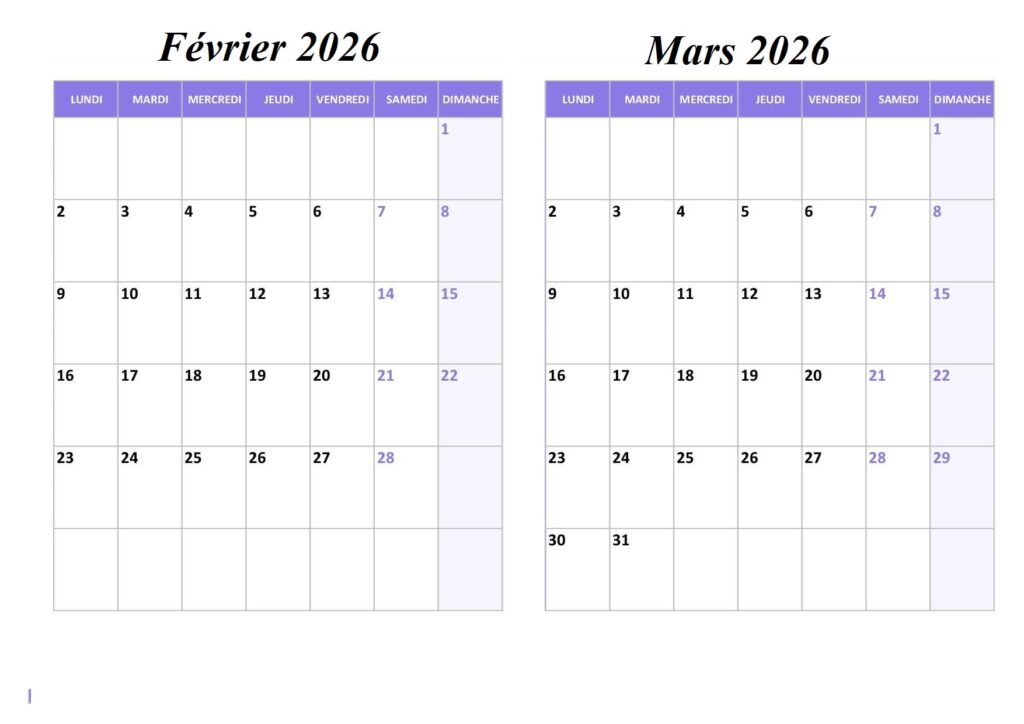 Février Mars 2026 Calendrier PDF - The Calendrier