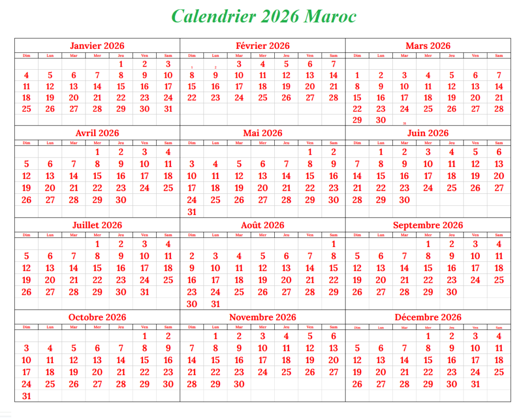 Calendrier 2026 Maroc en Arabe - The Calendrier
